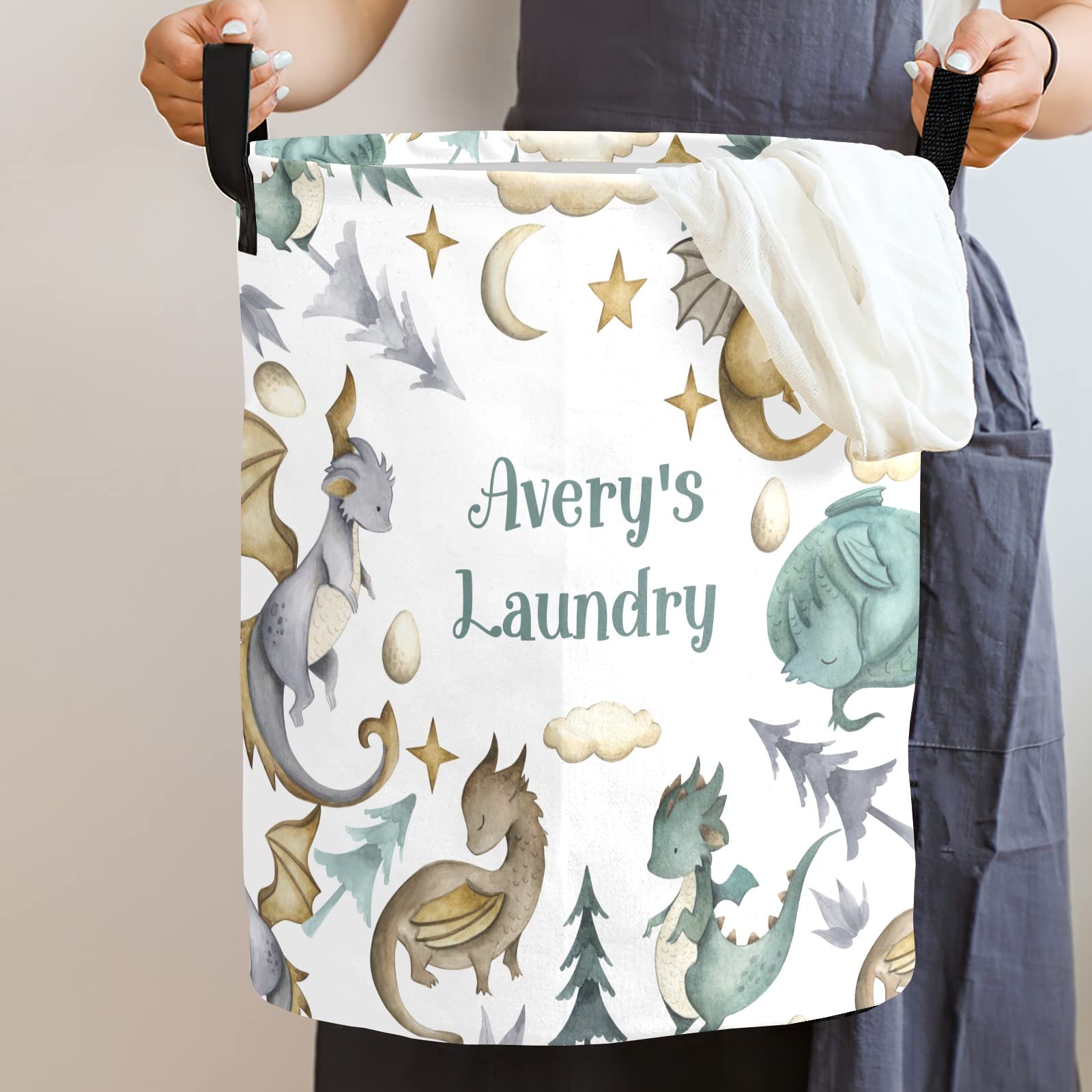 Personalized Laundry Basket for Boys Girls, Animals Dragon Watercolor Custom Laundry Basket Waterproof Coating with Handles,For Bathroom Bedroom Living Room