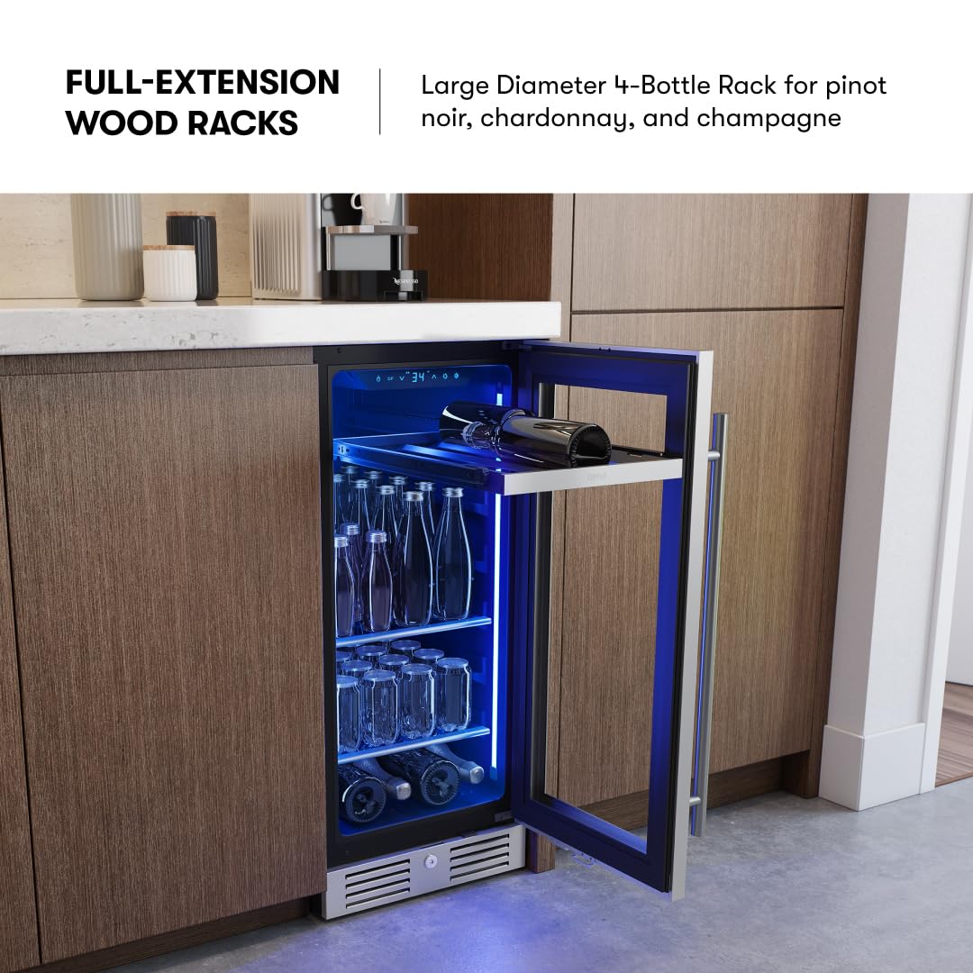 Zephyr Presrv 15" Slim Wine Fridge & Beverage Refrigerator Single Zone Under Counter - Narrow Mini Wine Cooler Small Beer Cabinet Drink Chiller Freestanding with Glass Door, 4 bottles, 64 cans