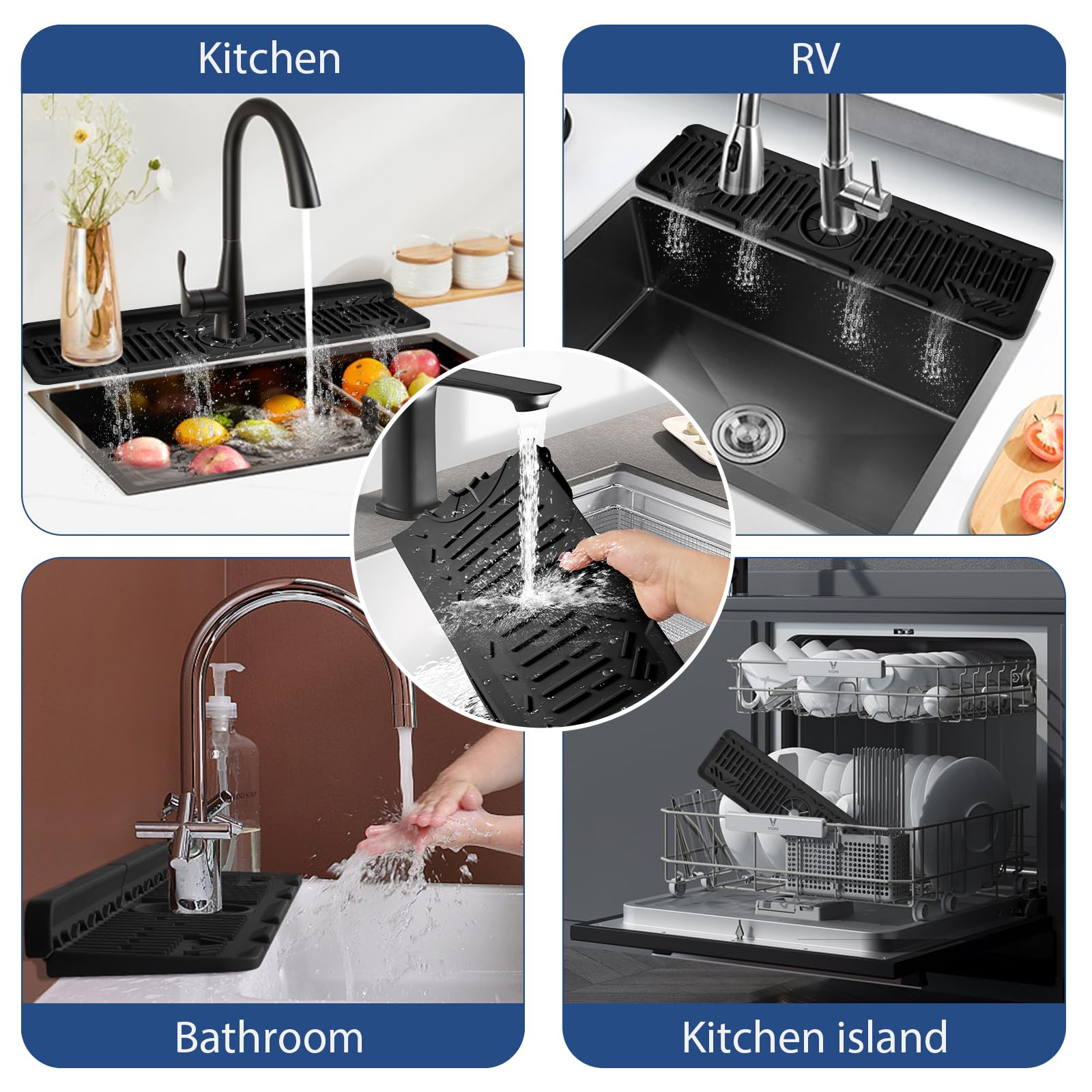 KEEGOP Kitchen Sink Splash Guard,Silicone Draining Mat for Kitchen Sink Protectors for Kitchen Must Haves, 5° Slope 4 Spouts & 90° Foldable Design for Easier Draining(Black 23.6"x 6.3")