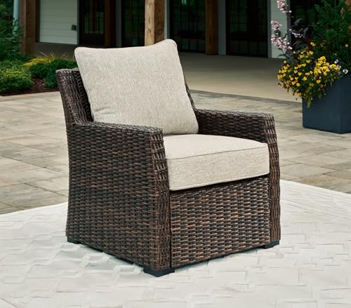 Signature Design by Ashley Brook Ranch Casual Weather Resistant Outdoor Lounge Chair with Cushion, Dark Brown & Beige
