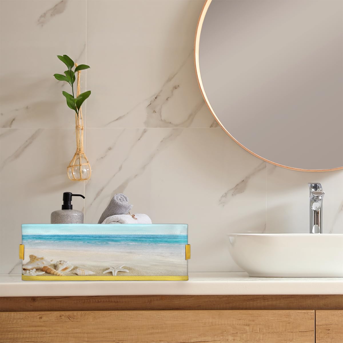 Sea Beach Starfish Bathroom Baskets for Organizing, Summer Seashell Foldable Storage Bins Toilet Paper Basket for Toilet Tank Top Fabric Storage Organizer for Shelves Closet Countertop