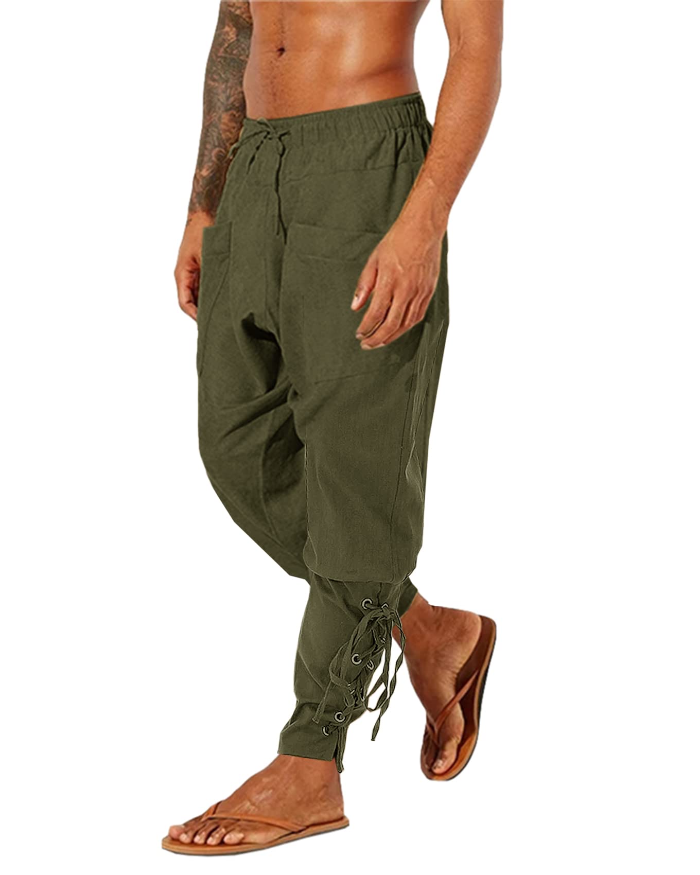 Gafeng Mens Linen Pirate Pants Ankle Banded Drawstring Elastic Waist Casual Loose Fit Trousers Costume with Pockets Army Green