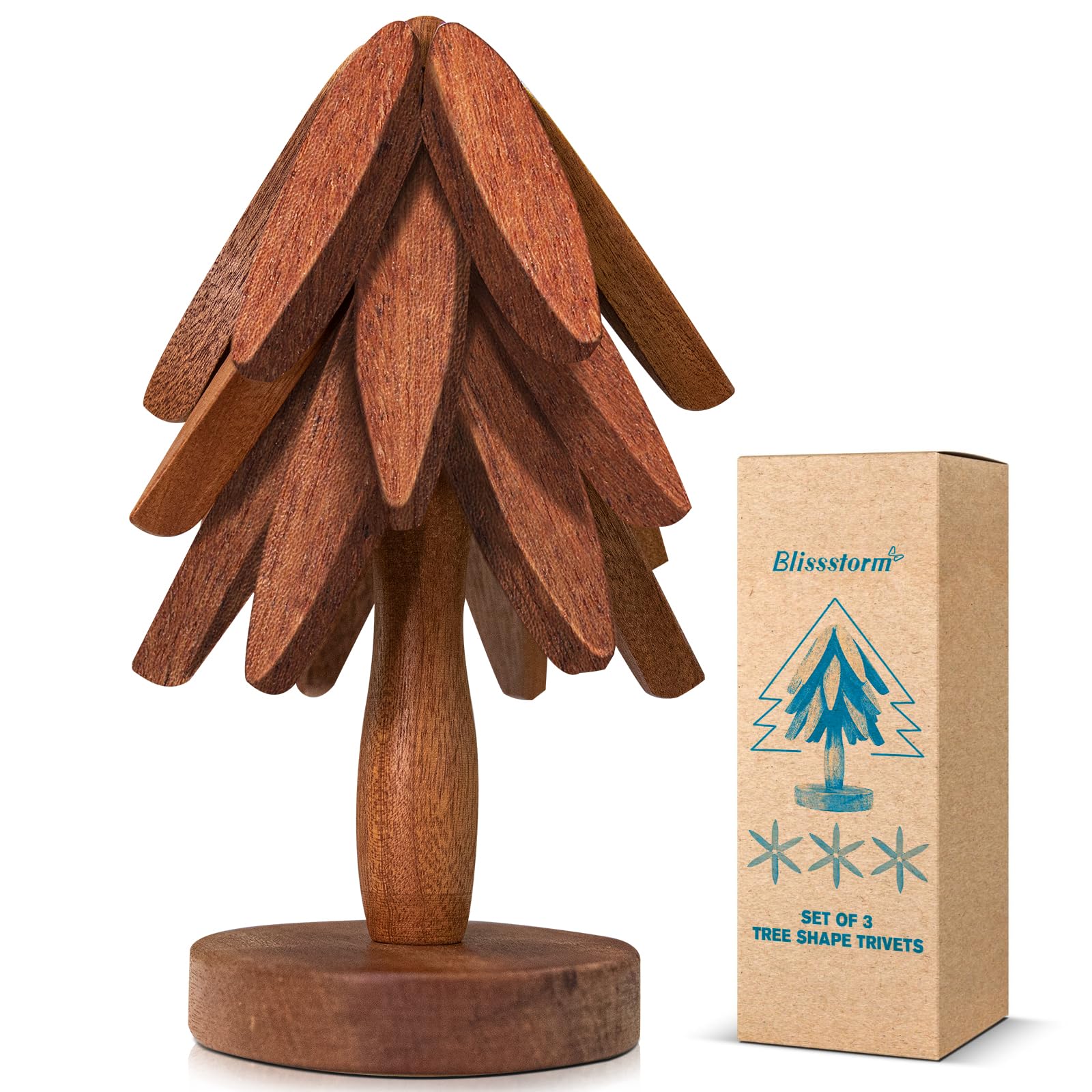 𝗡𝗘𝗪 Set of 3 Kitchen Table Decor Foldable Wooden Trivets for Hot Pots and Pans,Tree Shape Trivets, (Sapele Wood Trivets)