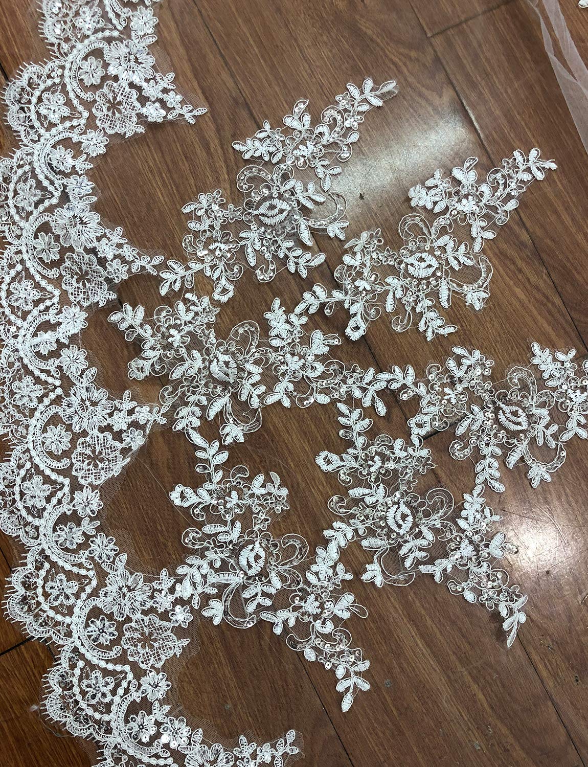 Faithclover Wedding Veils White 1 Tier Sequins Lace Cathedral Long with Comb, Ivory, 3 Meter