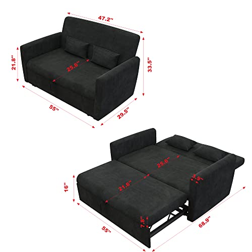 MIYZEAL 55'' Convertible Sleeper Sofa Bed, Velvet Loveseat Sofa with Pull-Out Bed, 2 Seater Couch Bed with Adjustable Backrest, Pull Out Lounge Chaise with 2 Pillows Office (Black)
