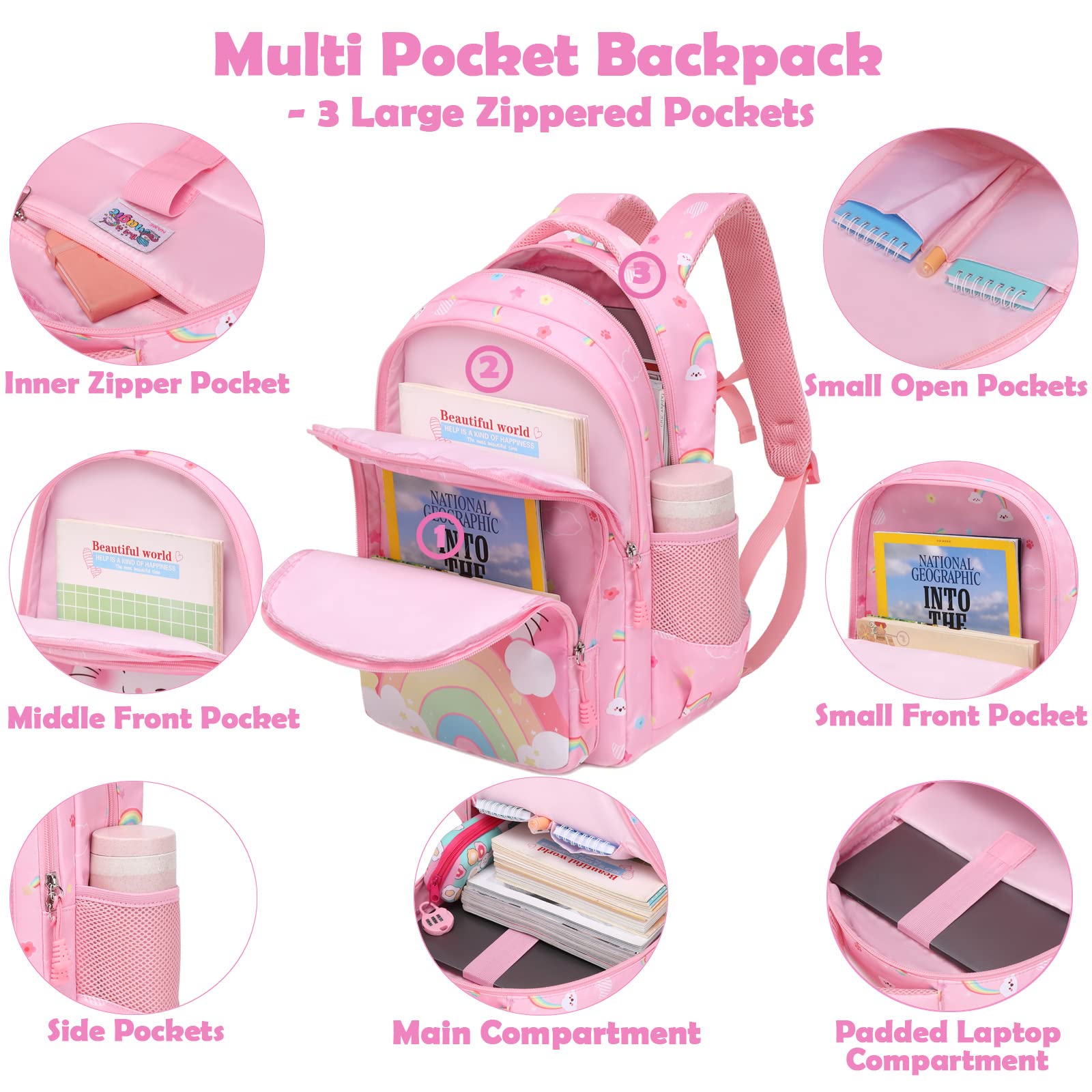 Girls Backpack with Lunch Bag Set, 3PCS Pink Unicorn Cat School Backpack with Pencil Case Large Capacity School Bookbags with Chest Strap for Preschool Kindergarten Elementary Girls