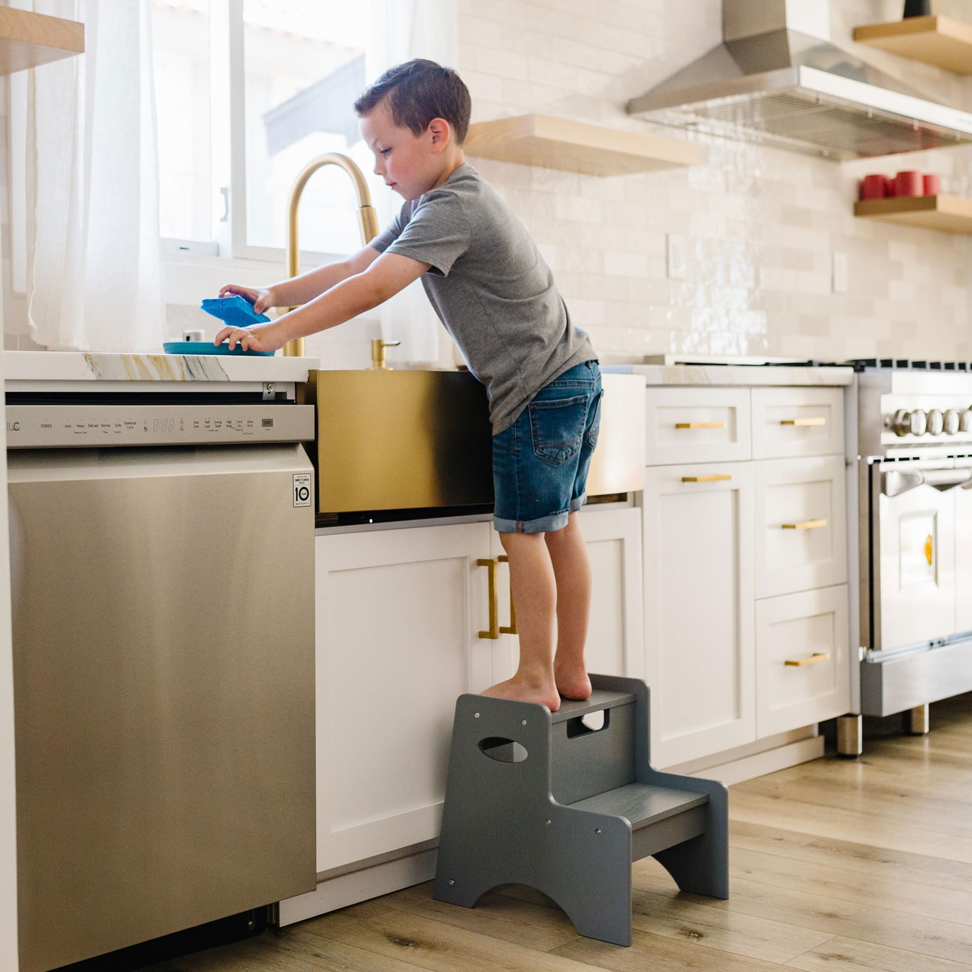 Wildkin Wooden Two-Step Stool for Kids and Adults, Perfect Kitchen Step Stool or Bathroom Potty Stool, Kids Stepping Stool Features Two Convenient Carrying Handles, Ideal for Home Use (Gray)