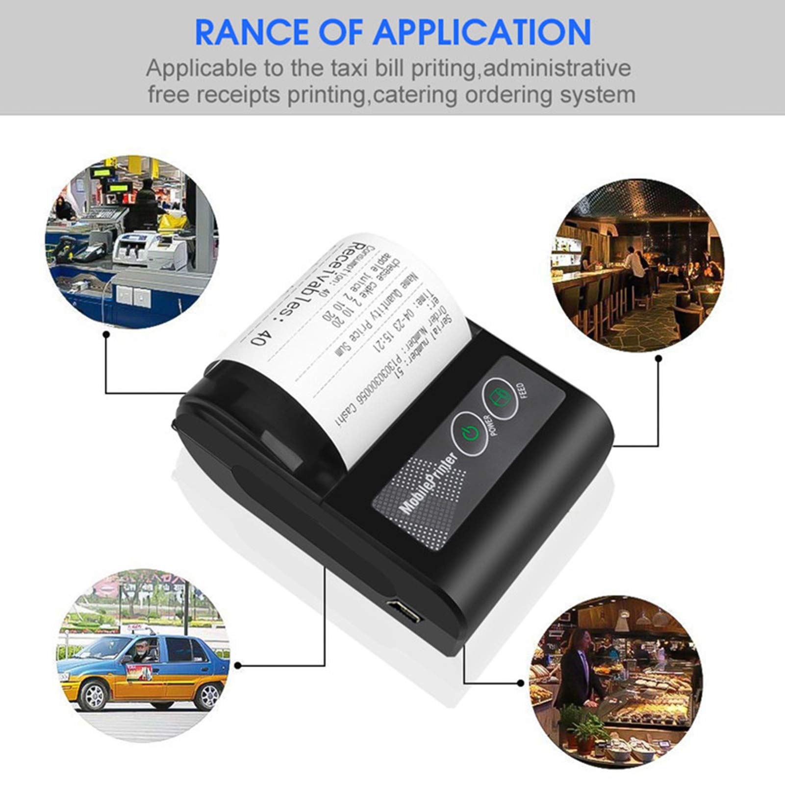 Zerodis Blue Tooth Thermal Receipt Printer Portable Ticket Pass Bill Mini Label Machine for MPT II 200dpi 3 5 inches sec for estaurant Sales Kitchen Retail (US Plug)