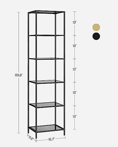 VASAGLE Bookcase, 6-Tier Bookshelf, Slim Shelving Unit for Bedroom, Bathroom, Home Office, Tempered Glass, Steel Frame, Black and Gray ULGT500G01