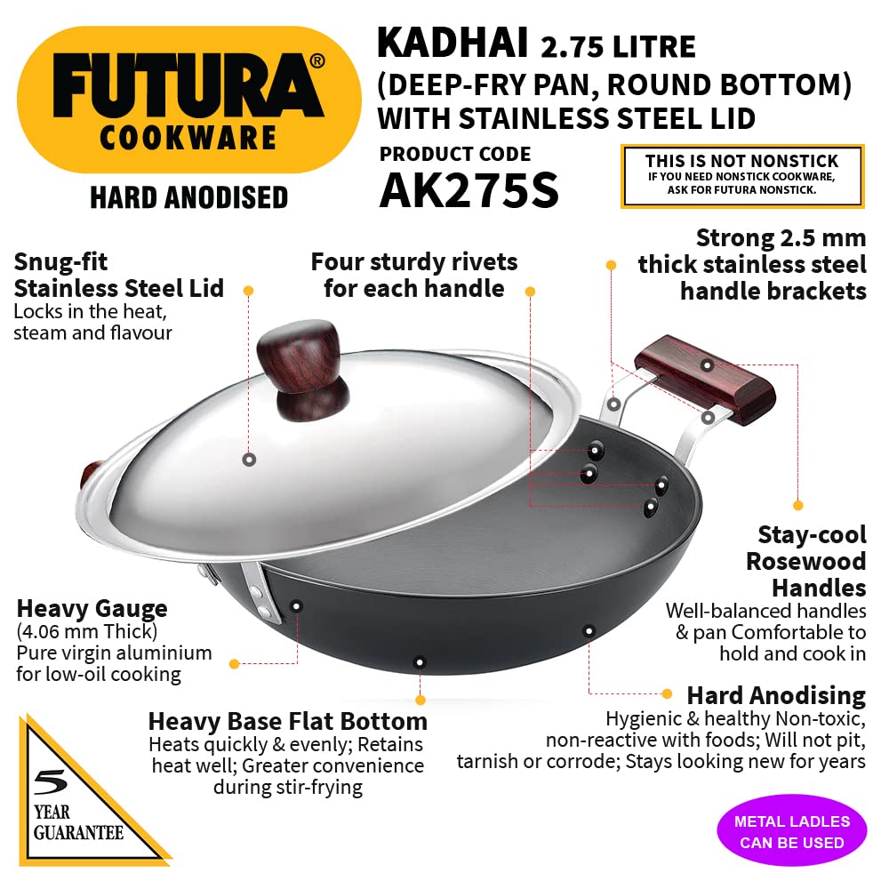 HAWKINS Futura Hard Anodised Deep-Fry Pan (Kadhai) With Stainless Steel Lid2.75 Litre Black