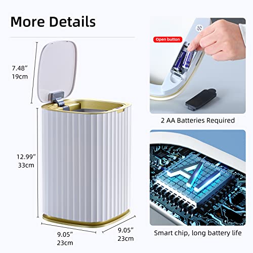MOPALL 3.5 Gallon Automatic Trash Can,Waterproof Slim Touchless Bathroom Garbage Can with a Lid(White with Gold Trim)