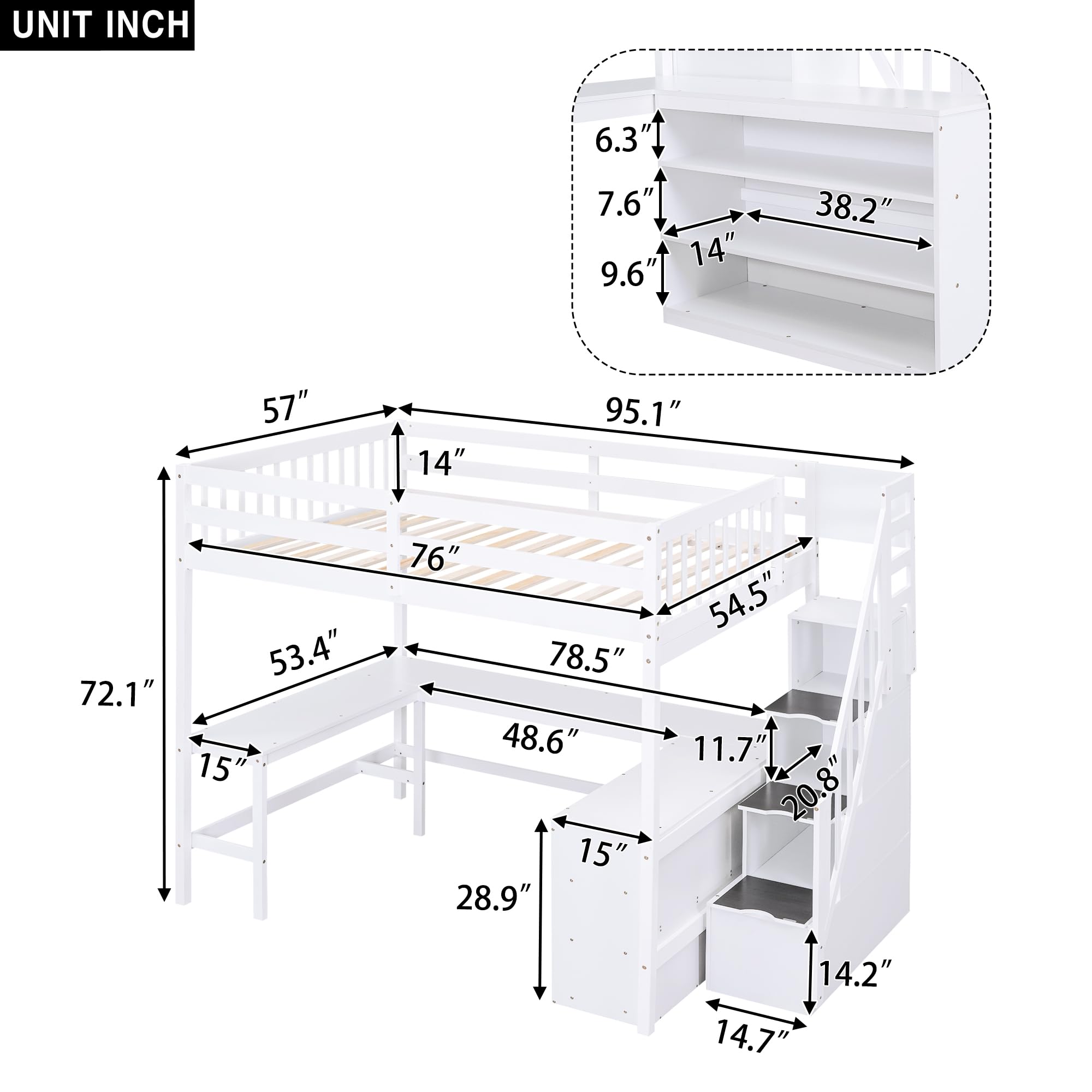 Merax Wood Full Size Loft Bed Frame with Built-in L Shaped Desk & 3 Storage Shelves & Attached Storage Stairs for Kids, No Box Spring Needed, White
