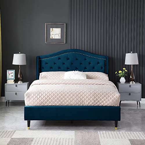 Morden Fort Blue Velvet Bed Frame Wood Platform, Upholstered Platform Bed with 51β Headboard, Heavy Duty Bed Frame with Wood Slat Support, No Box Spring Required, Easy Assembly, California King