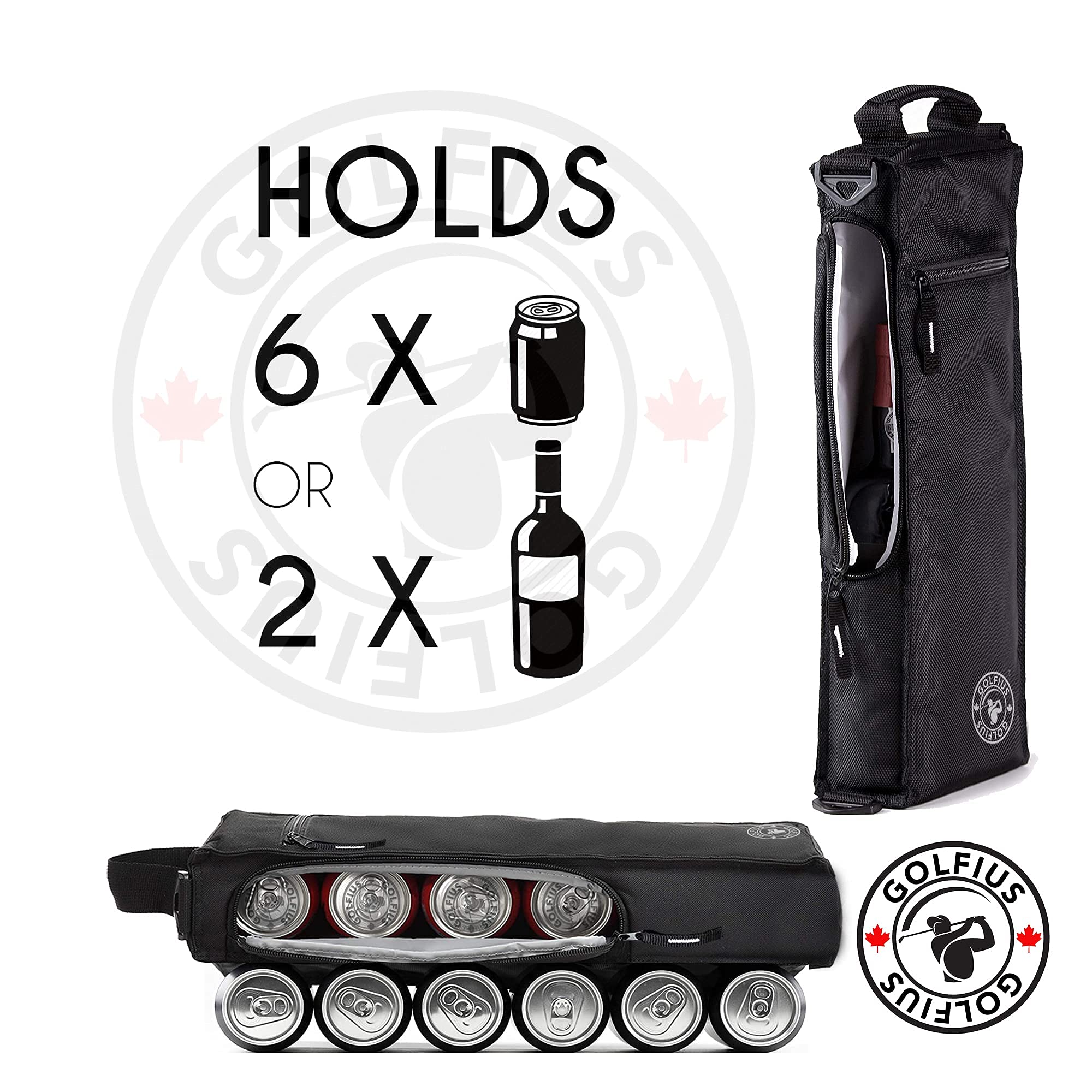 Golfius - Premium Modern Slim Golf Cooler Bag -Soft Insulated Beer Cooler Holds 6 Pack of Cans or 2 Wine Bottles. Golf Necessities, Great for Golfing, Beach Parties, Picnic, Camping, Hiking .(Black)