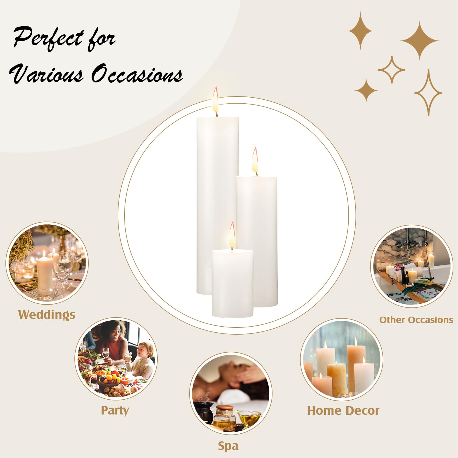 Nuogo 24 Pcs Ivory Pillar Candles Bulk Set of 3 Long Burning Wax Pillar Candles 2 in x 3, 6, 8 Inch Dripless Unscented Smokeless Candles for Wedding Party Spa Lantern Fireplace Home