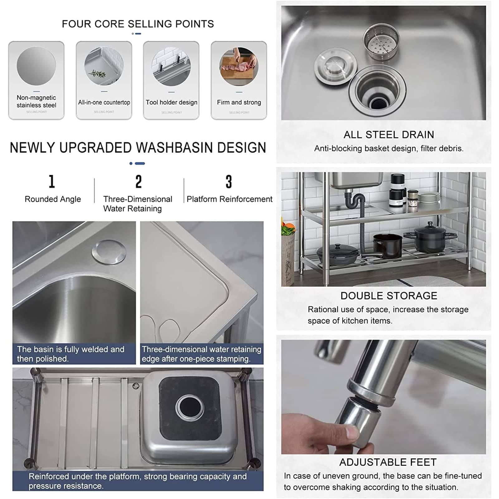 HzaiDanXin, Single Bowl Kitchen Sinks,Outdoor Sink,Outdoor Kitchen Sink,Small Rv Sink,Bar Sink Drop In,Bar Sink With Cutting Board,Laundry Tub,Free Standing Stainless-Steel Single Bowl, 31in