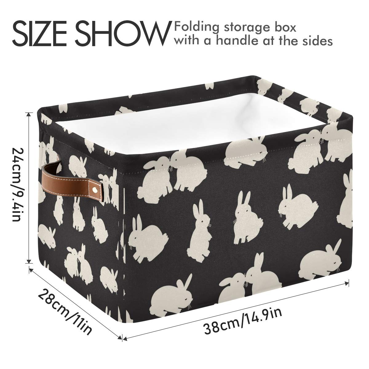 HMZXZ Cute Rabbit Bunny Canvas Fabric Storage Basket Collapsible Toys Storage Bin with PU Leather Handles Basket Box Organizer for Wardrobe Closet Shelves Organiser