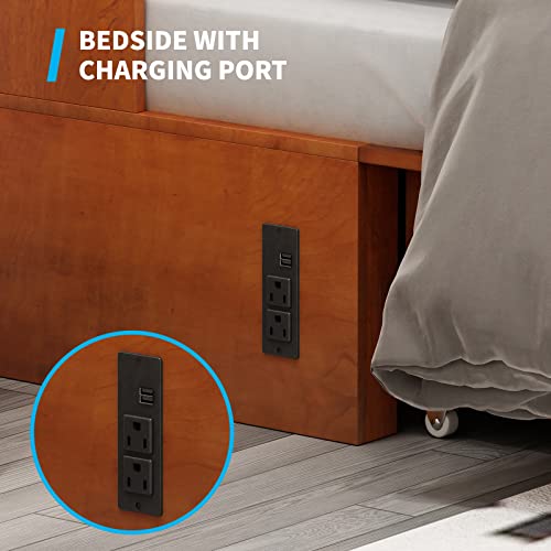 Mjkone Murphy Cube Cabinet Bed with USB Charging Station, Murphy Bed Cabinet with Large Drawer & Folding Mattress, Queen Size Bed Frame for Guest Room, Home, Office - Cherry
