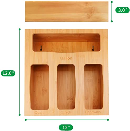 Ziplock Bag Storage Organizer, Premium Bamboo Kitchen Food Baggie Dispenser Box for Drawer, Compatible with Most Brands Gallon Bag, Quart Bag, Sandwich Bag, Snack Bag(1Box 4 Slots)