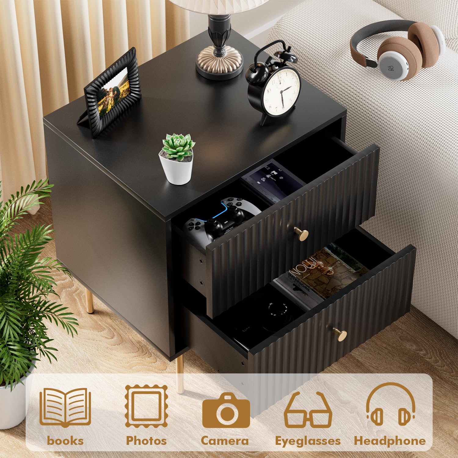 ORGANSANDS Black Nightstand Set of 2 for Bedroom, Fluted nightstand with 2 Drawers, Modern Storage Bedside Table with Wide Tabletop, End Tables with Gold Metal Legs & Handle