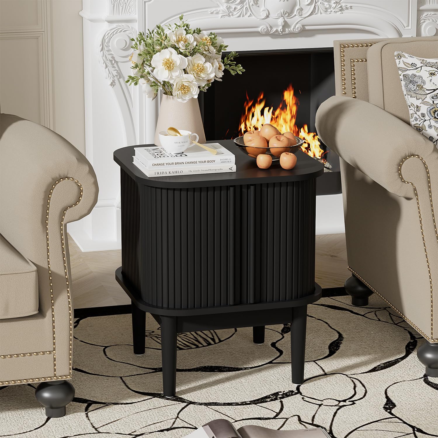 ORGANSANDS Sliding Door Tambour Nightstand Set of 2, Black Storage End Table with Curved Edge Design, Small Bedside Table Compact Sofa Side Table for Bedroom, Hallway, Small Space