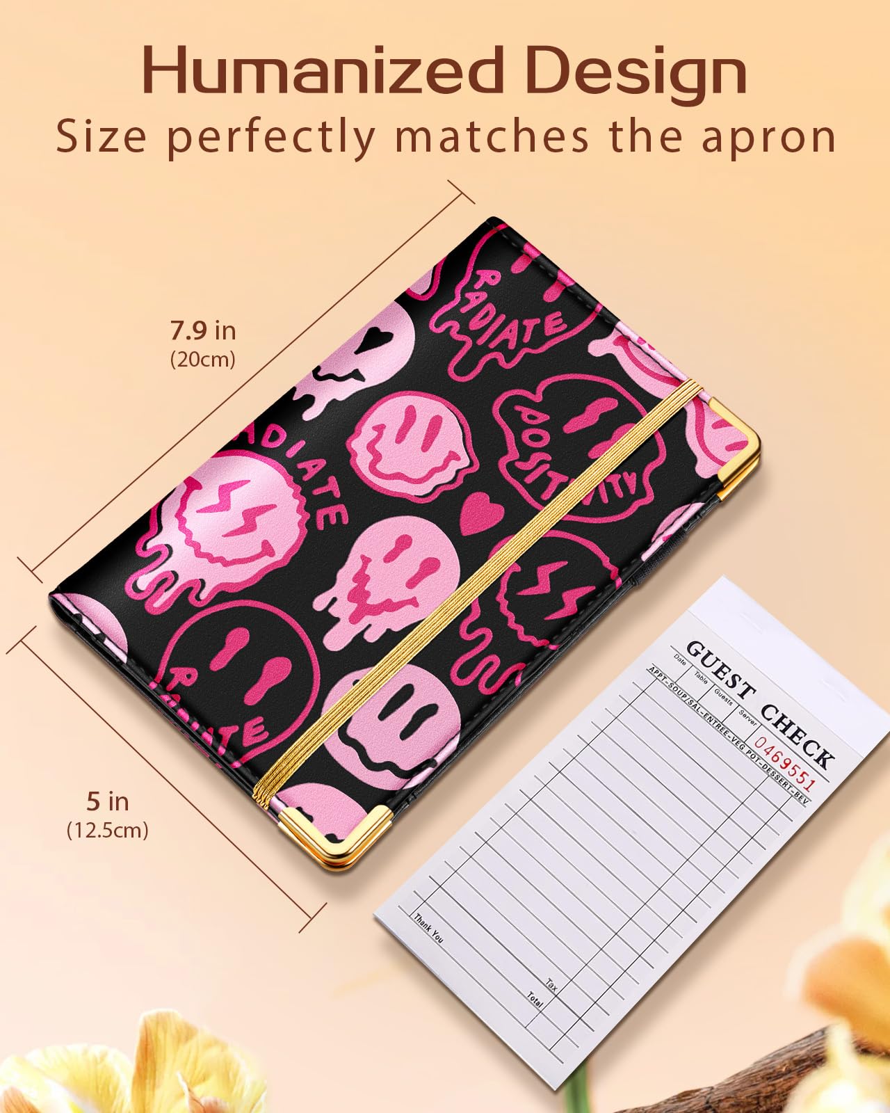 Slohif Server Book for Waitress Cute Serving Books with Zipper Pocket Accessories Leather Server Check Book Restaurant Waiter Server Booklet Ticket Book Holder Smile