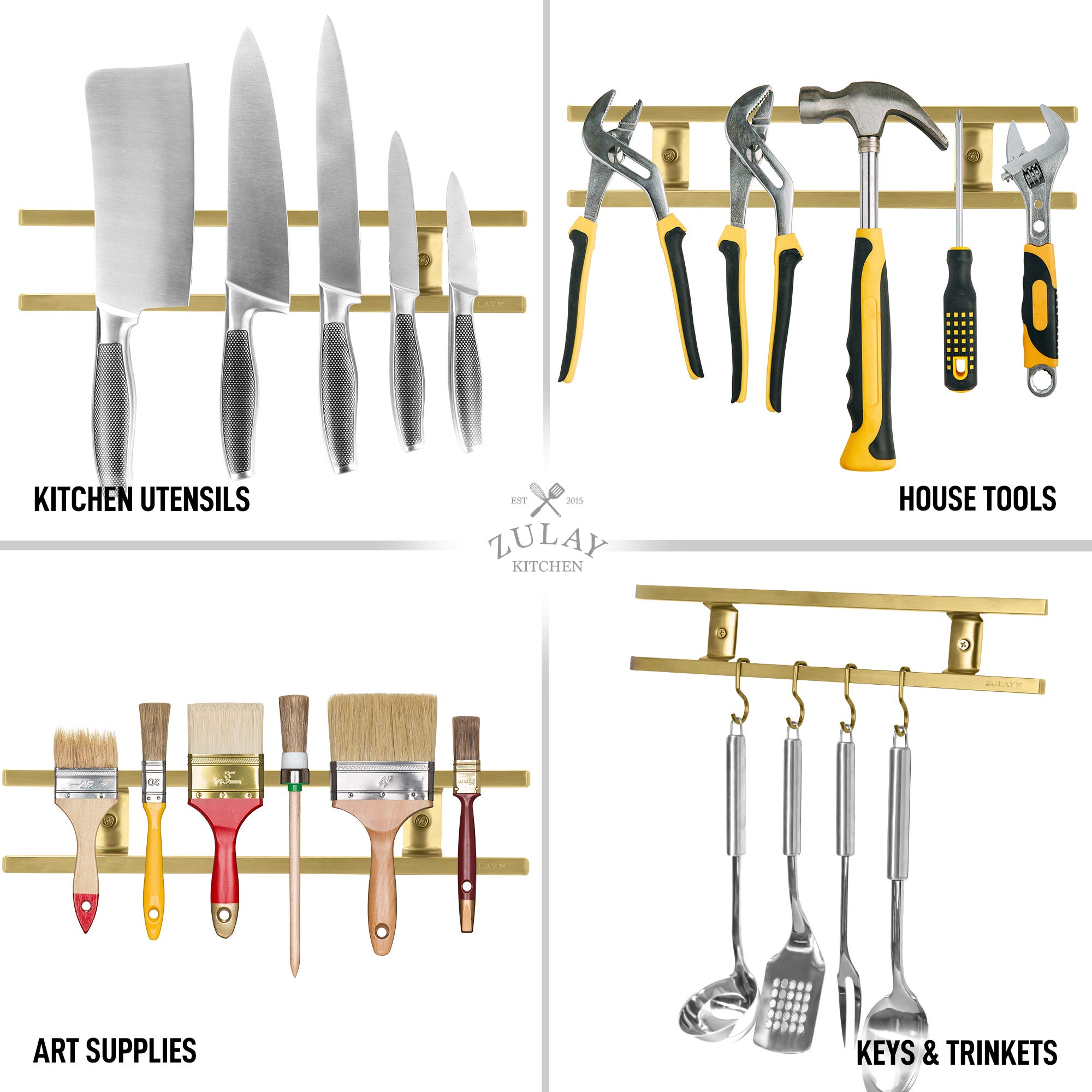 Zulay (12 Inch) Stainless Steel Magnetic Knife Holder For Wall - Powerful Knife Magnetic Strip With Extra Hanging Hooks - Wall Mount Magnetic Knife Strip & Organizer For Kitchen & Tools (Gold)