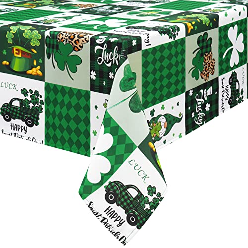 NatuBeau St. Patrickās Day Tablecloth Rectangle 60x84 Inch, Gnomes Buffalo Plaid Shamrock Table Cloth for St Patricks Day, Lucky Green Shamrock Table Cover for Dinning Room Kitchen Party Decor
