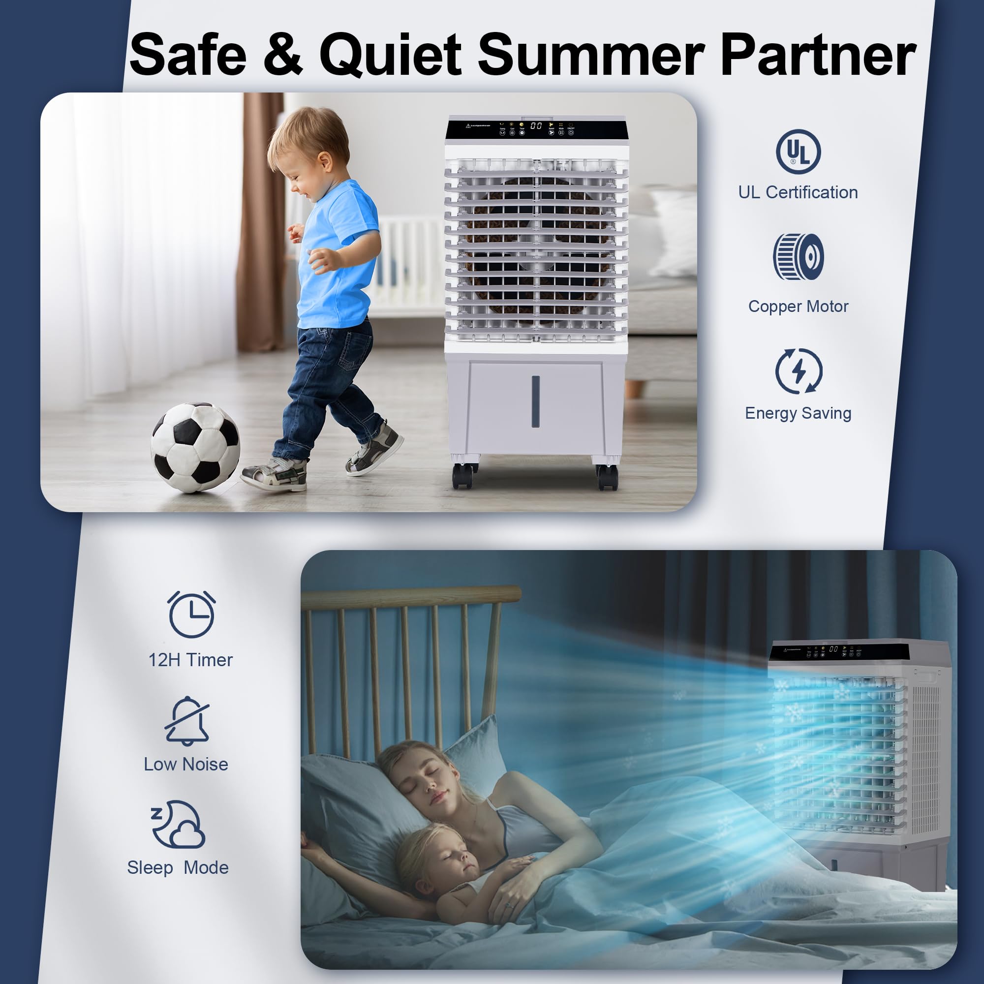 KEGIAN Evaporative Air Cooler, Swamp Cooler with 5.3 Gallon Water Tank, Remote Control, 12H Timer, 3 Modes & Speeds, 110° Oscillation, Portable 3-IN-1 Cooling Fan for Bedroom Home Office (Grey)