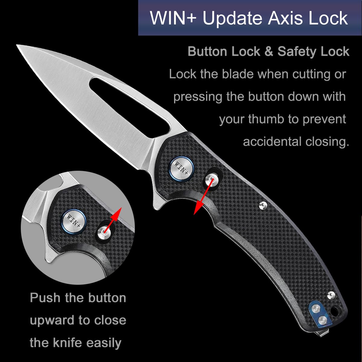 WIN+ Pocket Knife, Folding Knife with Button Lock and Axis Lock, Tactical Knife with Ball Bearing and Thumb Hole for Men and Women, Good for Camping and Outdoor 3444 (Black-G10)