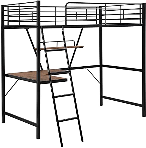 STP-Y Bunk Bed, Black, Alloy Loft Bed with L-Shaped Desk and Shelf Made of Heavy-Duty Steel. Perdurable. Need to Assemble The Mattress. Recommended 6"-8"