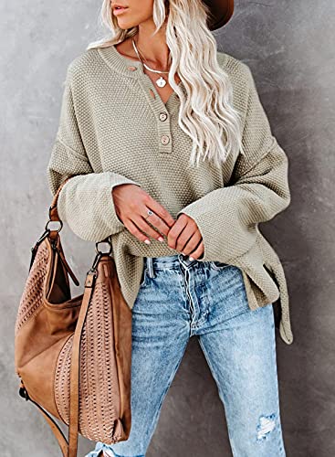 SHEWIN Sweaters for Women Trendy Waffle Knit Long Sleeve Button V Neck Loose Tops,(US 18-20) 2XL,Khaki