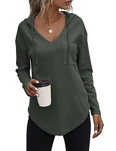 morhuduck Women's V Neck Hoodies Long Sleeve Sweatshirt Drawstring Pullover Tops with Pocket,Army Green, S