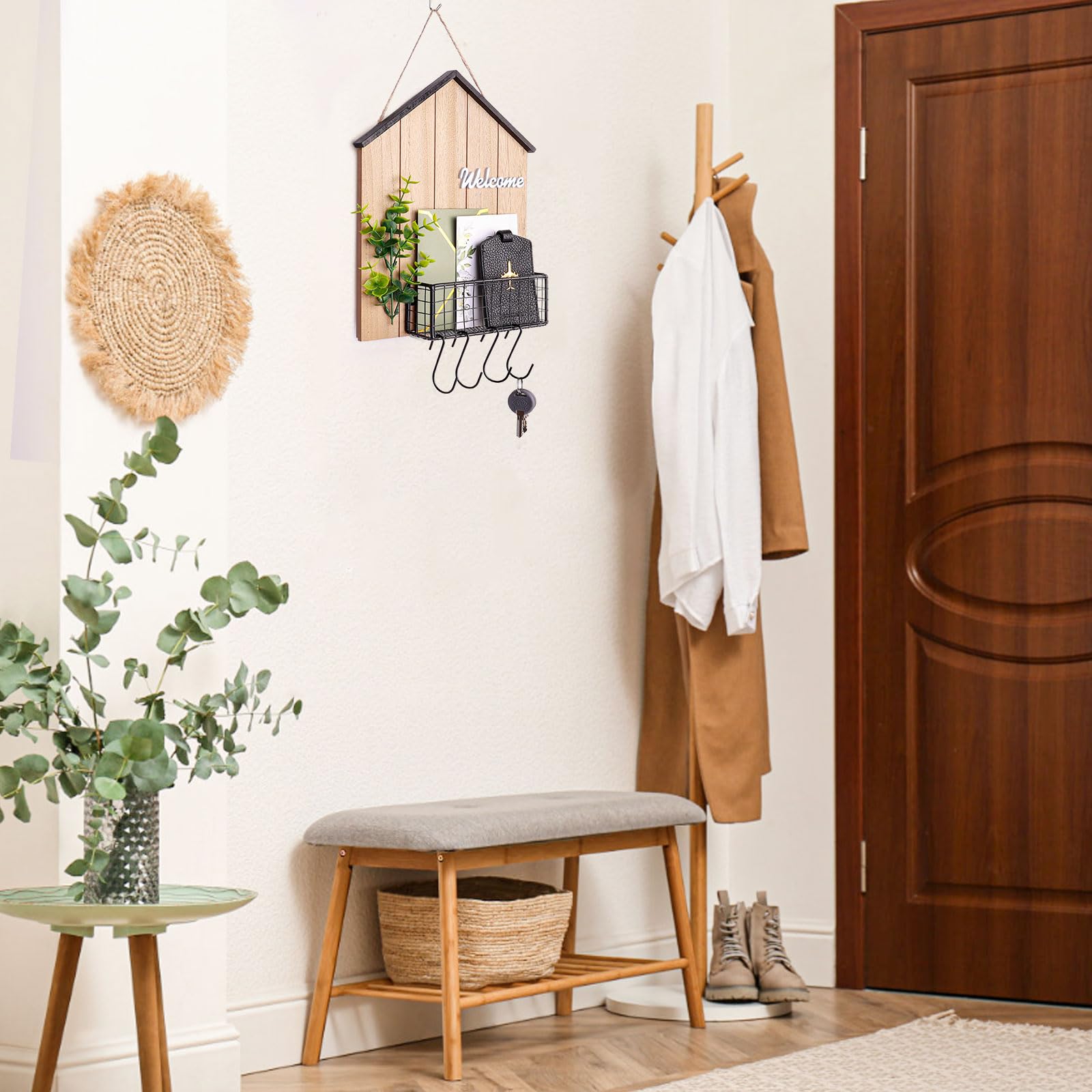 LORDLDS Key Holder for Wall Decorative, Farmhouse Mail Organizer Wall Mounted with 4 Removable S-Hooks for Entryway, Hallway, Kitchen, Living Room, Office (Eucalyptus)