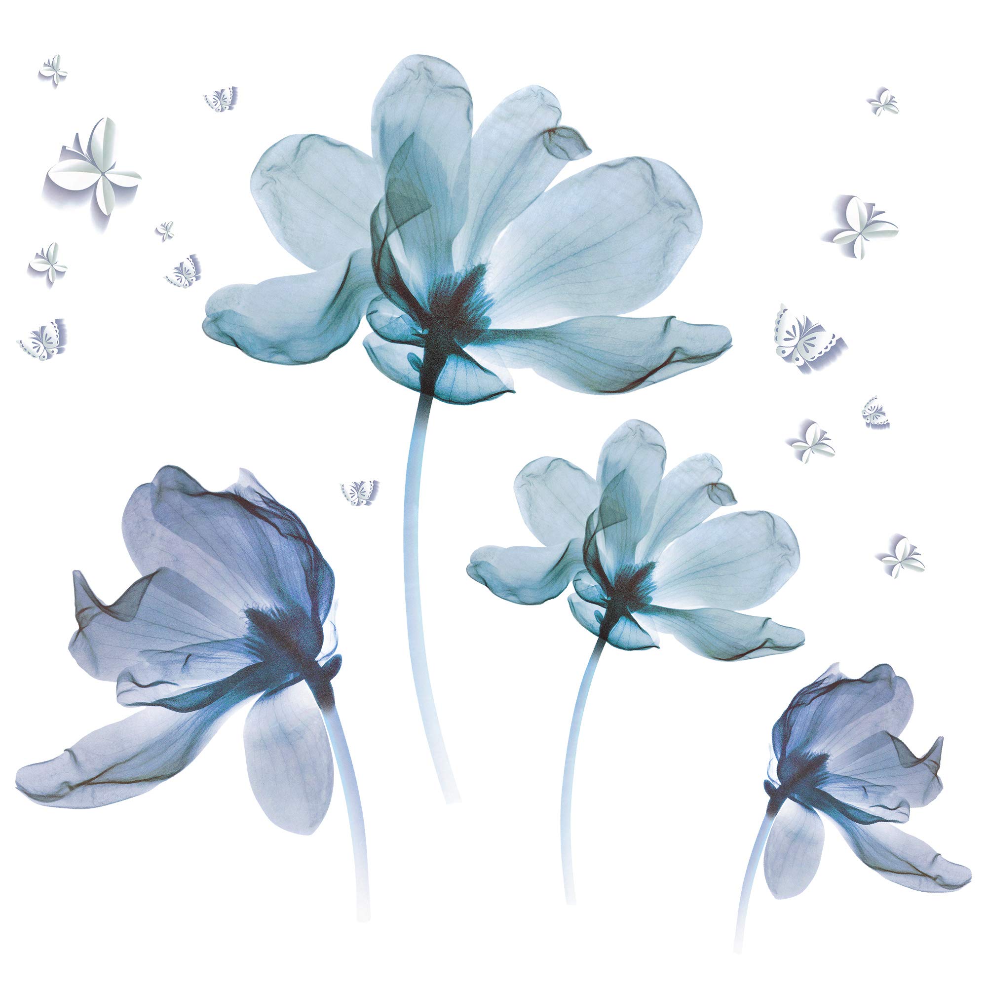 Gaint Creative Removable 3D Nusery Flower Wall Decals DIY Romantic Floral Wall Sticker Murals Flowers Art Decor for Kids Girls Teens Bedroom Office Living Room Home Wall Decoration (Light Blue)