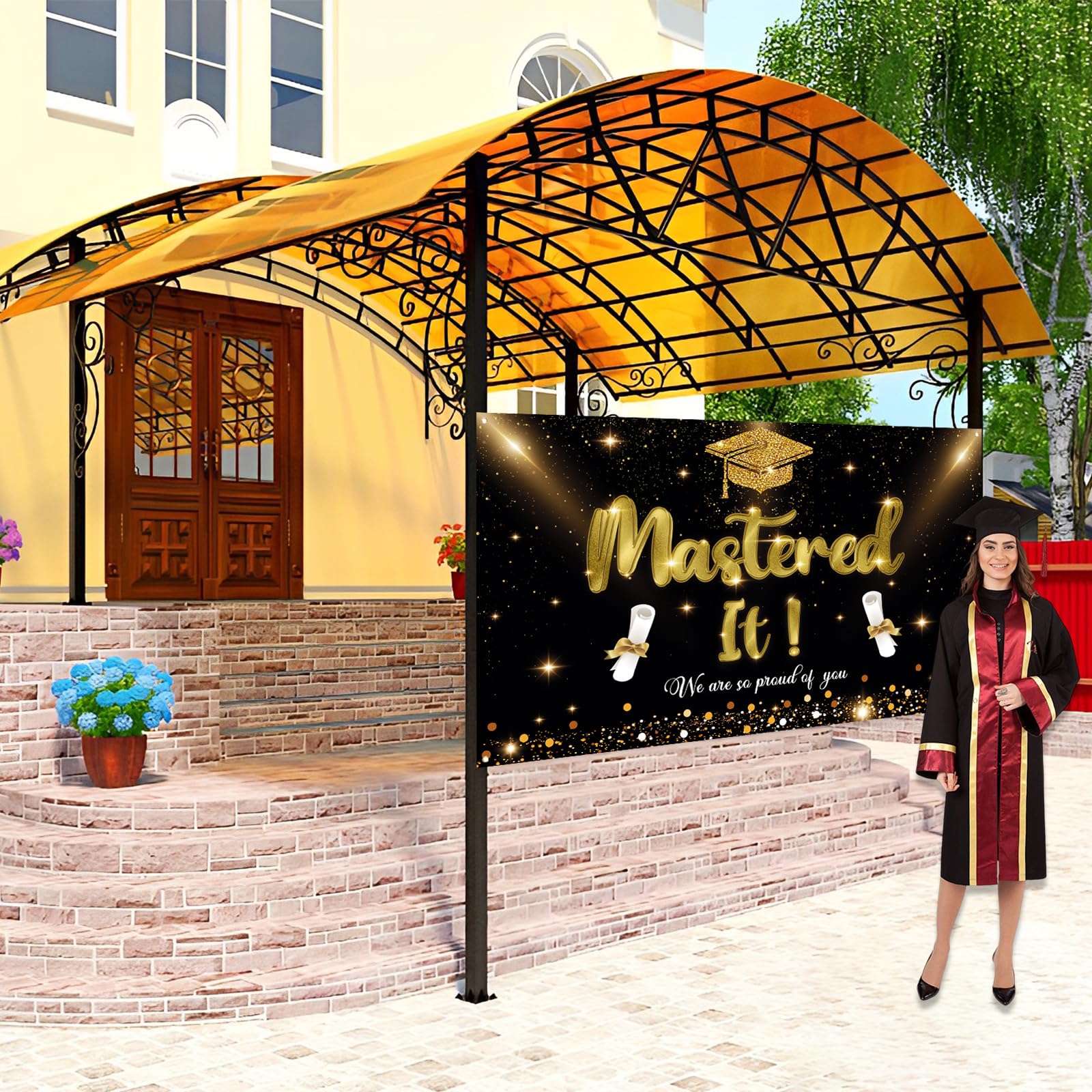 Labakita Mastered It Backdrop Banner, Masters Graduation Decorations, Masters Degree Graduation Banner, Graduation Decorations 2024, Graduation Party Indoor/Outdoor Decorations(Black and Gold)