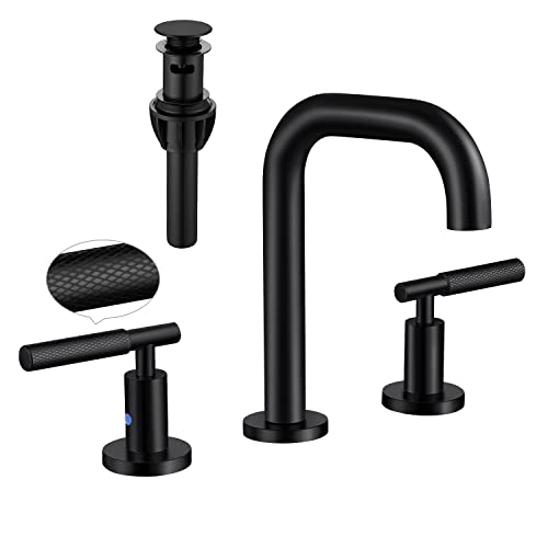 KPAIDA Bathroom Faucets, 3 Hole Bathroom Sink Faucet Matte Black 8 inch Widespread Bathroom Faucet, 2 Handle Faucet for Bathroom Sink Vanity with Pop Up Drain