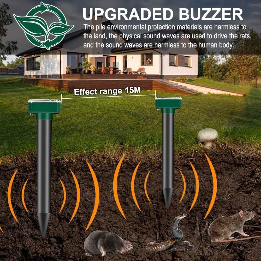Mole Repellent Solar Powered Outdoor,Ultrasonic Vole Gopher Repellent for Lawn Garden, Groundhog Snake Repeller, Mole Deterrent, Waterproof (4 Packs)