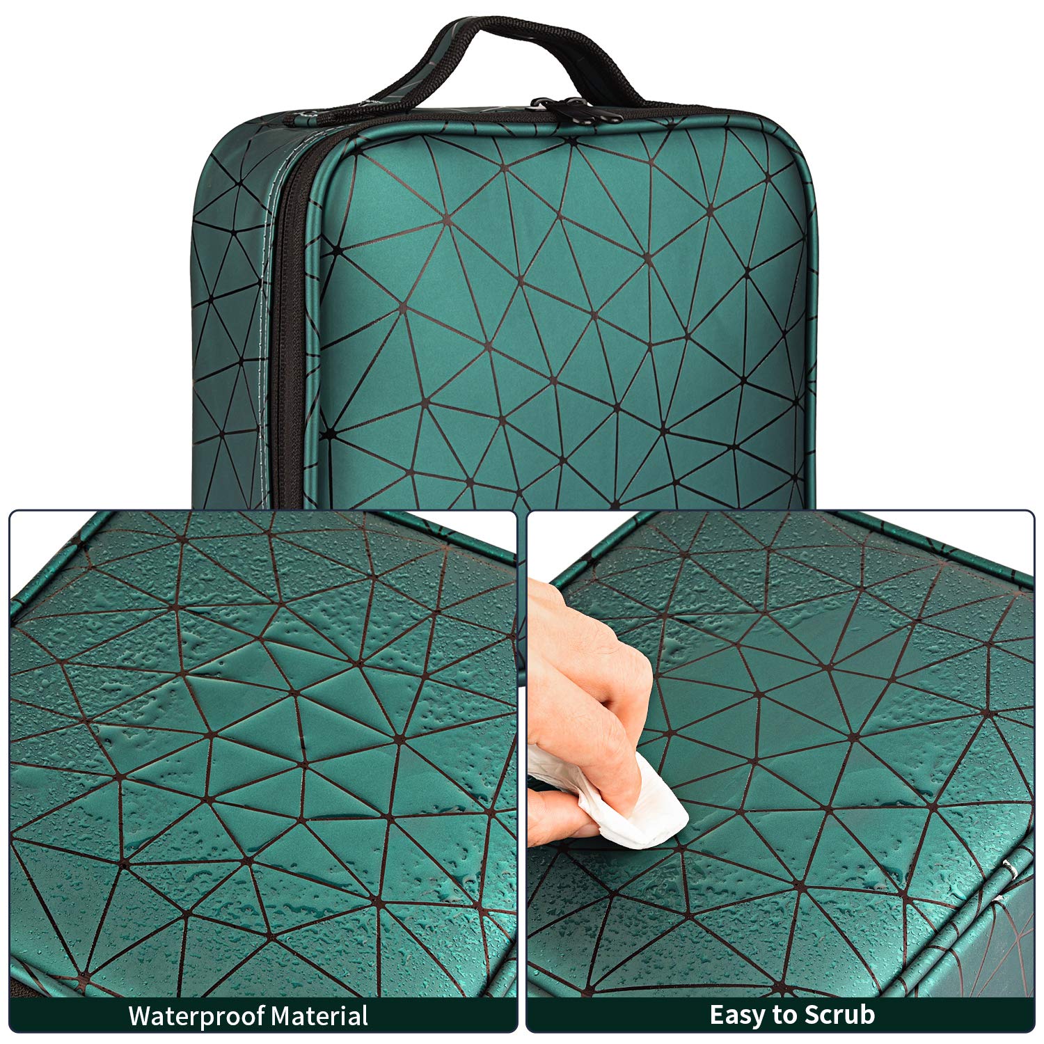 Garsumiss Travel Makeup Train Case Professional Cosmetic Bag Organizer Portable Artist Storage Make Up Compartments Tool Box Vanity for Brushes Toiletry Jewelry,Diamond Shape Pattern(Green)