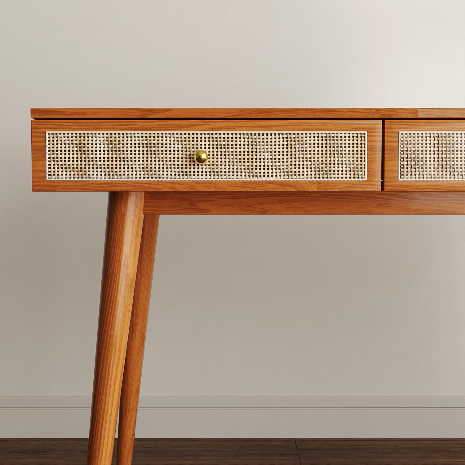 Longcoam Design Mid-Century Modern Solid Wood Desk with Drawers β 45 inch Small Boho Rattan Writing Desk for Home Office, Minimalist Design Natural Wood Legs Table for Workspace Elegance
