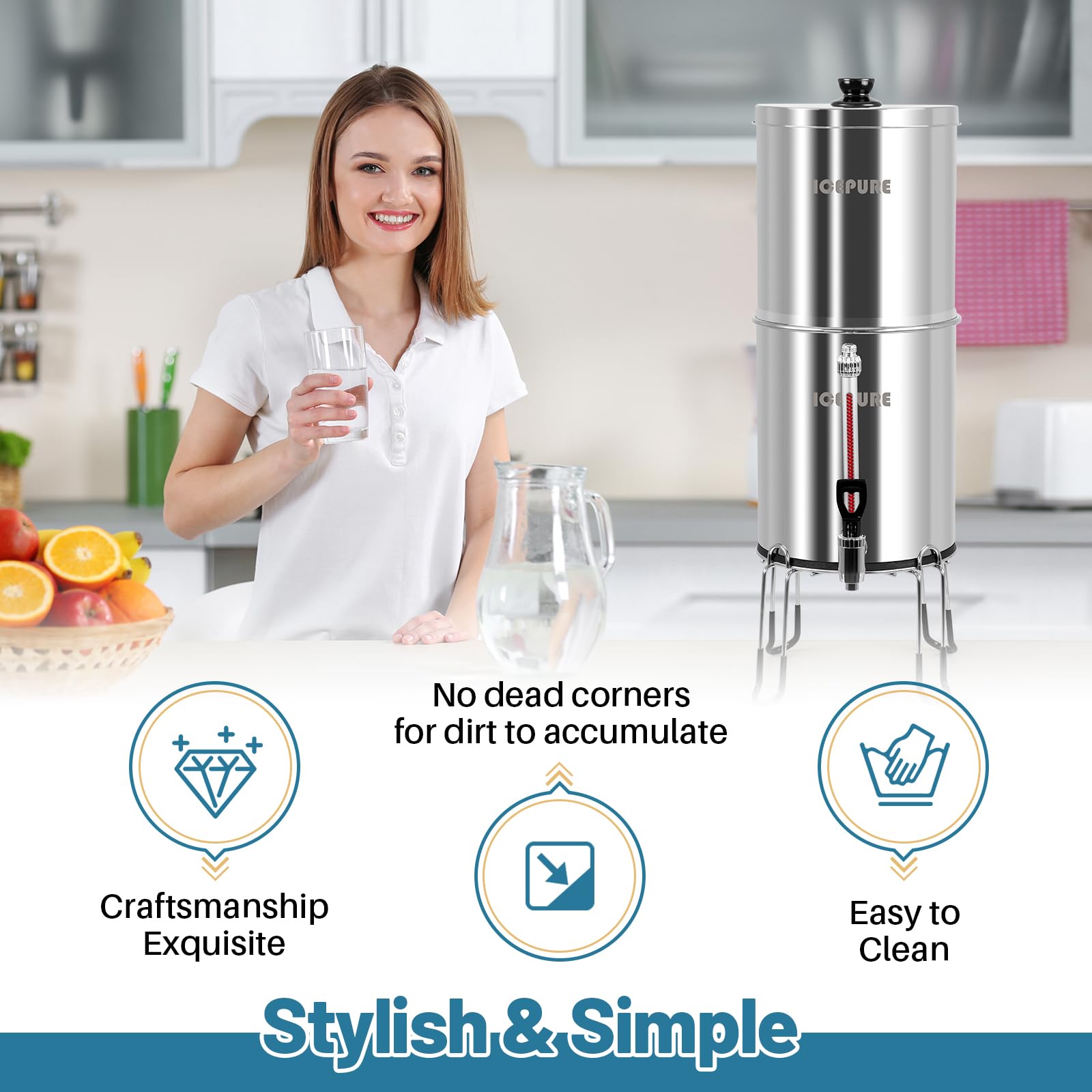 ICEPURE Gravity-Fed Countertop Water Filter System, 2.35G Stainless-Steel 304 | Includes 2 Black Carbon Filters | Ideal for Camping, RVing, Emergencies, Home | Clean, Clear & Fresh Water