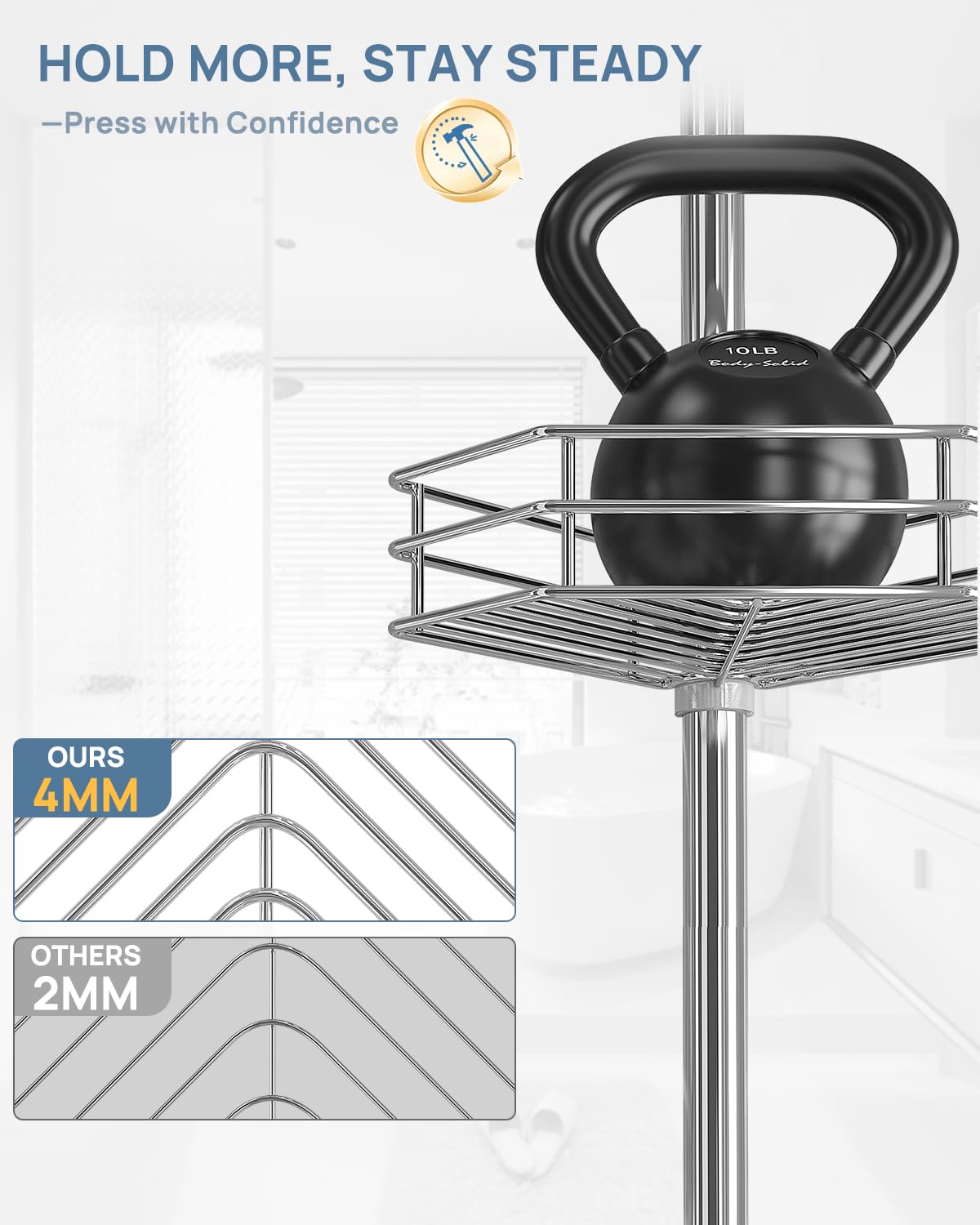 SEIRIONE Corner Shower Caddy Tension Pole, Adjustable Shower Organizer Corner with 4 Shelves, No Drilling Shower Shelf for Inside Shower, Shower Rack for Shower Storage,39.2 to 113 Inch Height, Silver