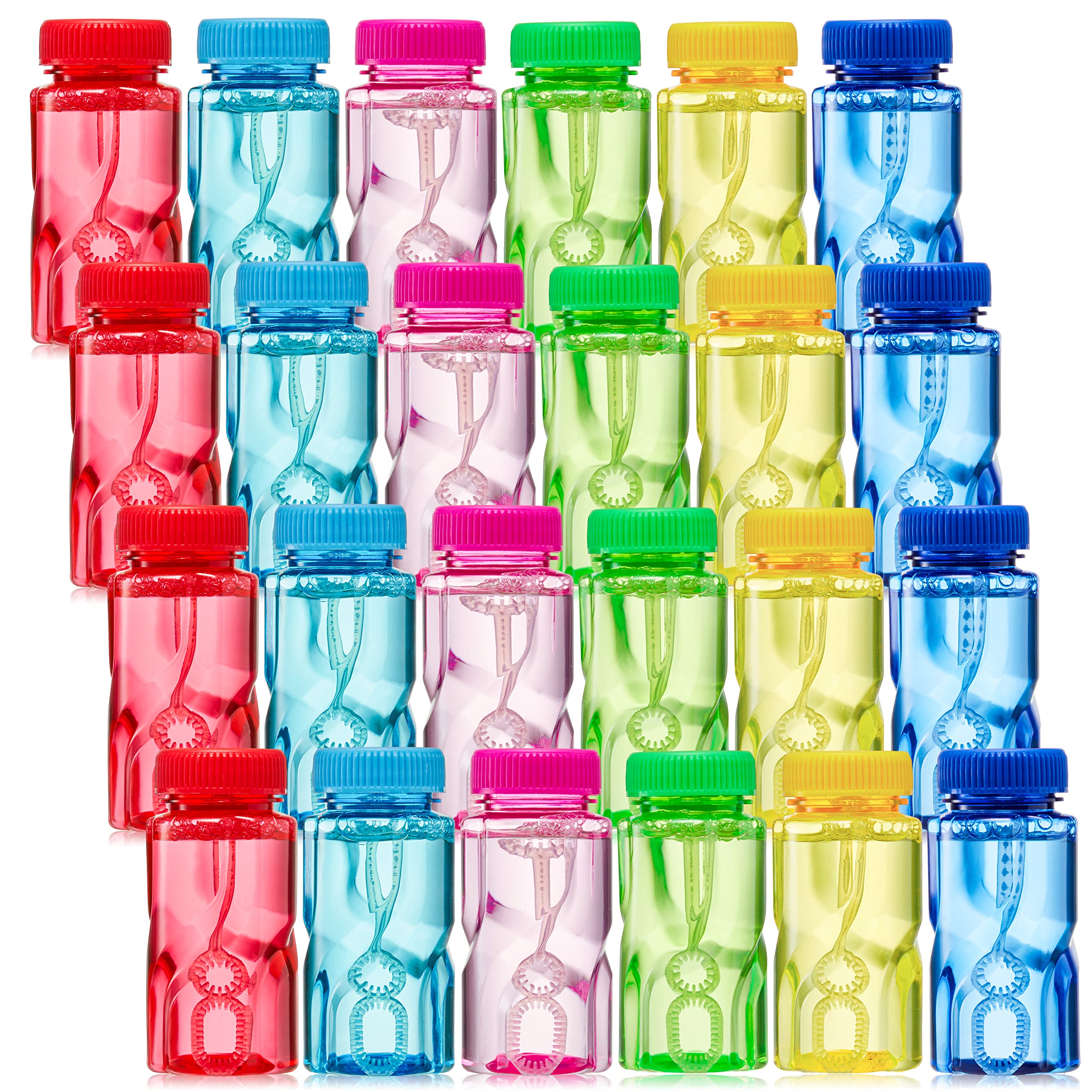 Sloosh 24 Pack Twisted Bubble Bottle with 2 oz Bubble Solution Set,6 Color for Kids' Bubble Toys Summer Bubble Fun Activity, Easter, and Assortment Party Favors