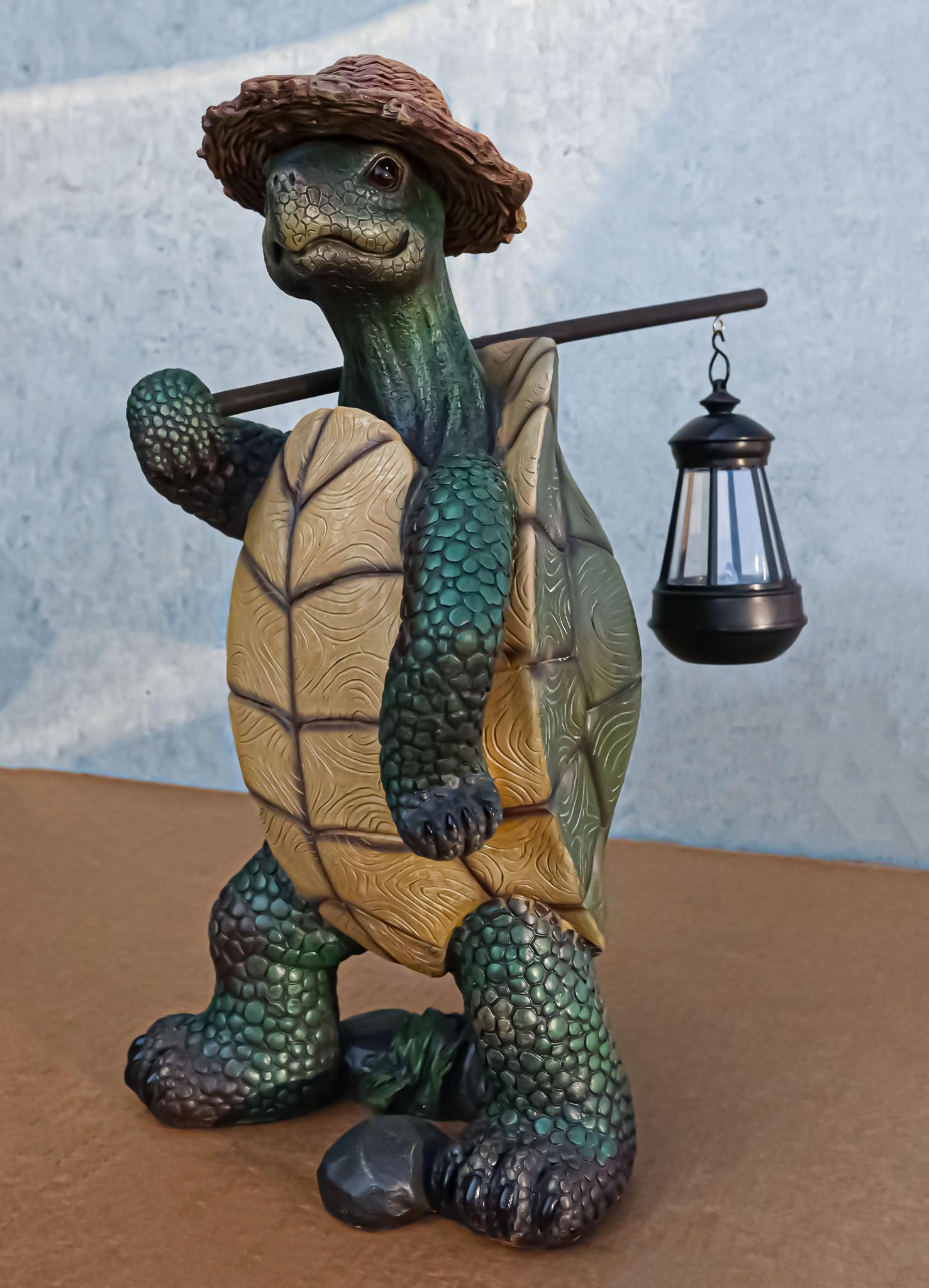 Ebros Gift Nautical Nature Lover Adventure Hiking Tortoise with Straw Hat Statue Carrying Solar Powered Lantern LED Light On A Pole Turtle Garden Yard Pool Patio Deck Home Decorative Accent