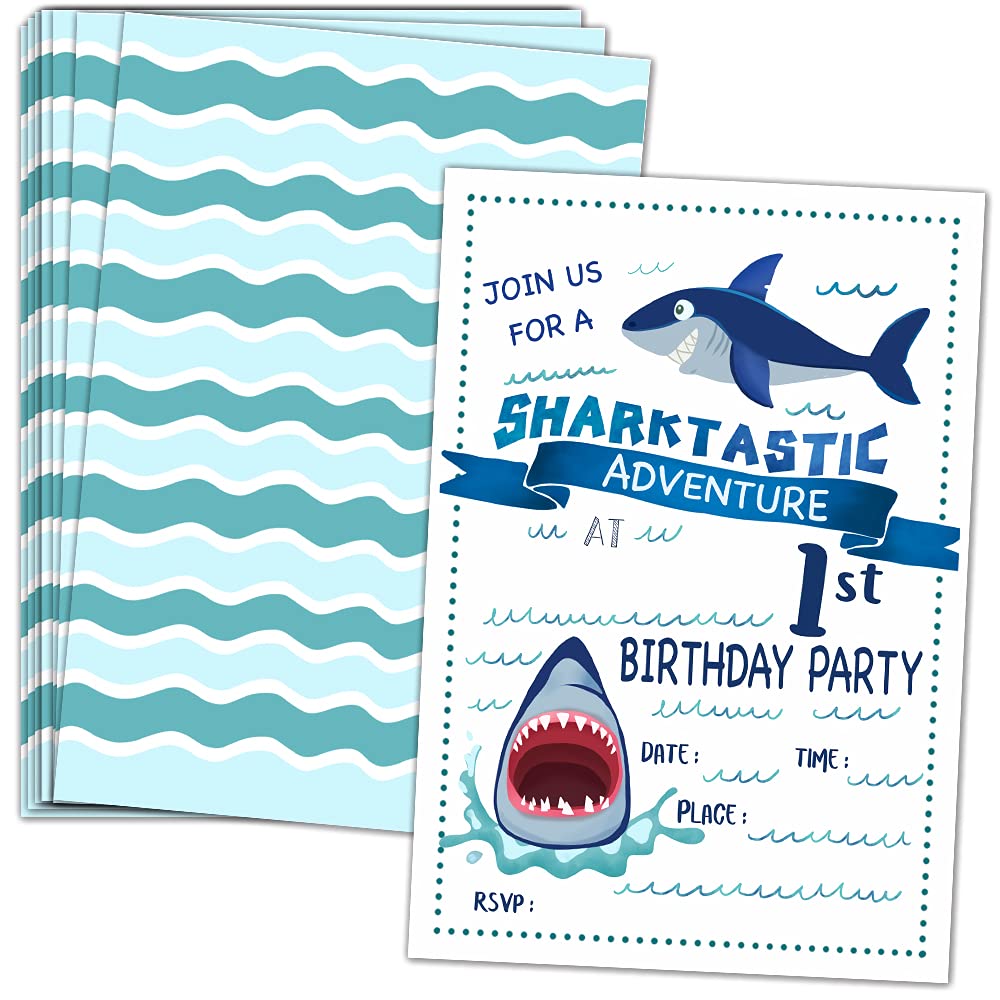 ukebobo 1st Birthday Party Invitations with Envelopes – Shark Birthday Party Invitations, Shark Party Decorations– 20 Cards With Envelopes(sy-01)
