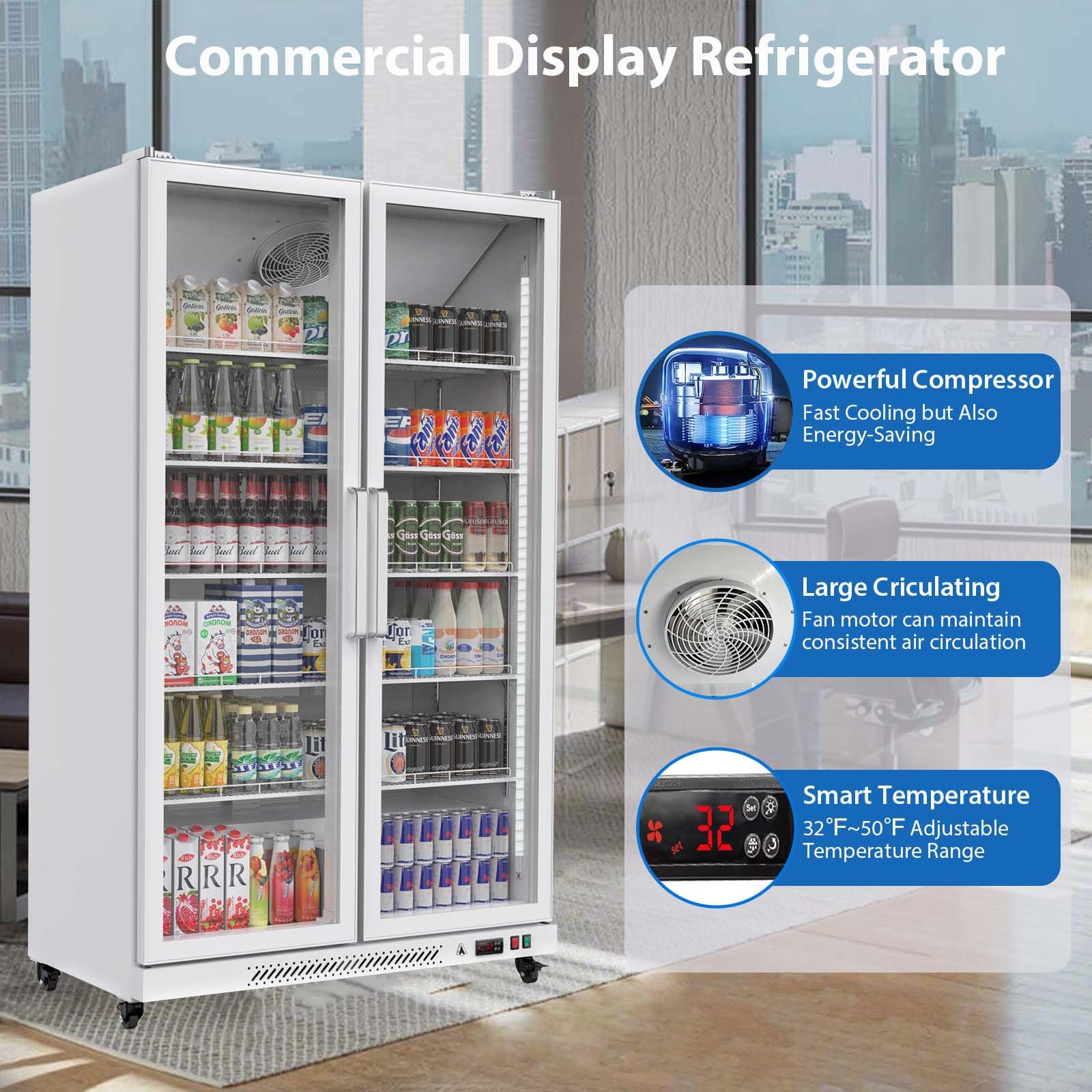 MERXENG Beverage Refrigerator, 28.3 Cu.ft Commercial Display Refrigerator Merchandiser for Home Restaurant Grocery Stores, 2 Glass Door Merchandiser Refrigerator, Back Bar Beverage Cooler