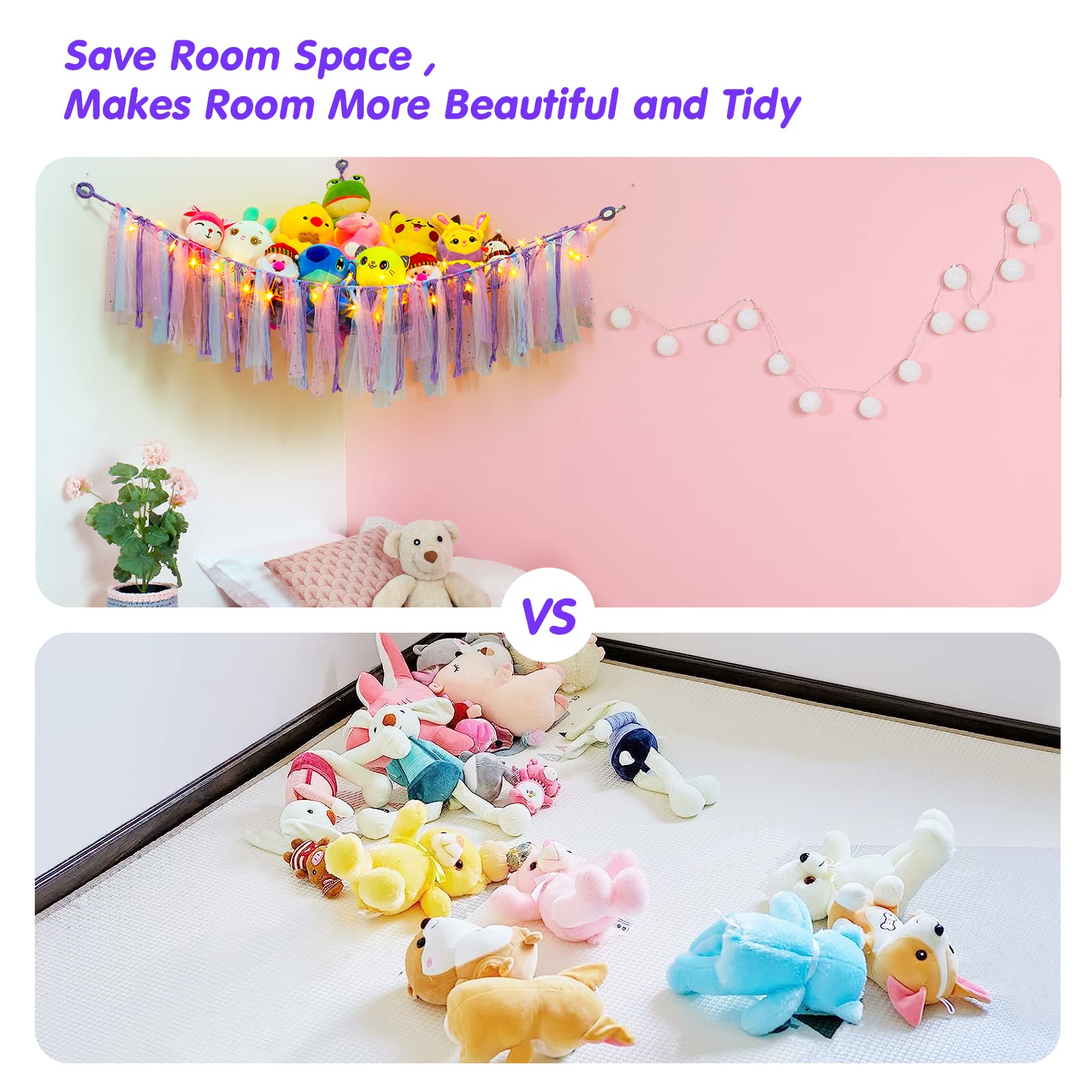 ieBabay Stuffed Animal Net or Hammock with Led Light, Boho Stuffed Animal Storage Organizer, Plush Toy Hammock Net, Hanging Plushie Net, Toddler Hammock for Nursery Room Decor