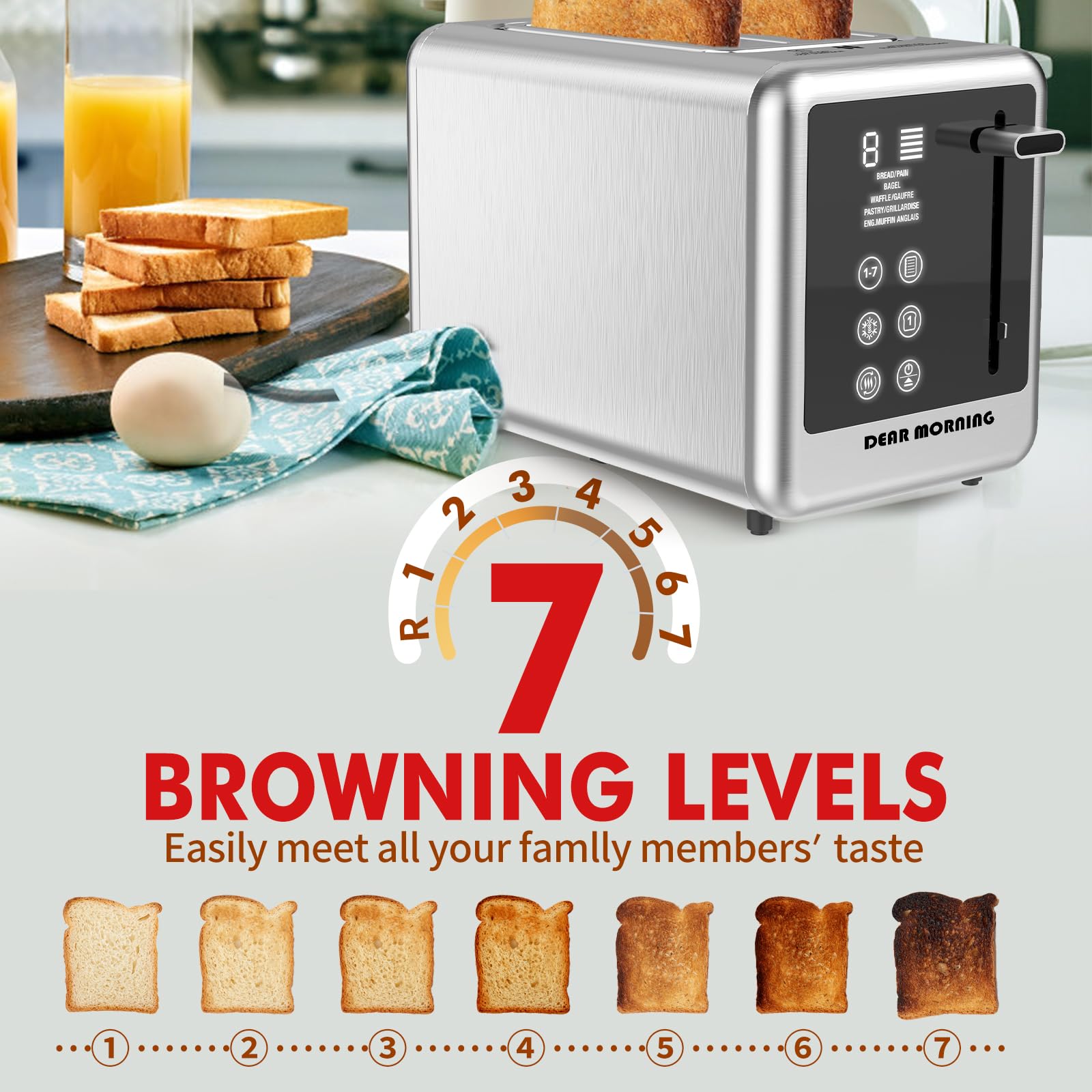 Smart Toaster Digital Tuch Screen Toaster with 5 Bread Selection 7 Shade Setting and Bagel/Defrost/Cancel/Reheat Function 1.5β 2 Slice Stainless Steel Toaster with Removable Crumb Tray