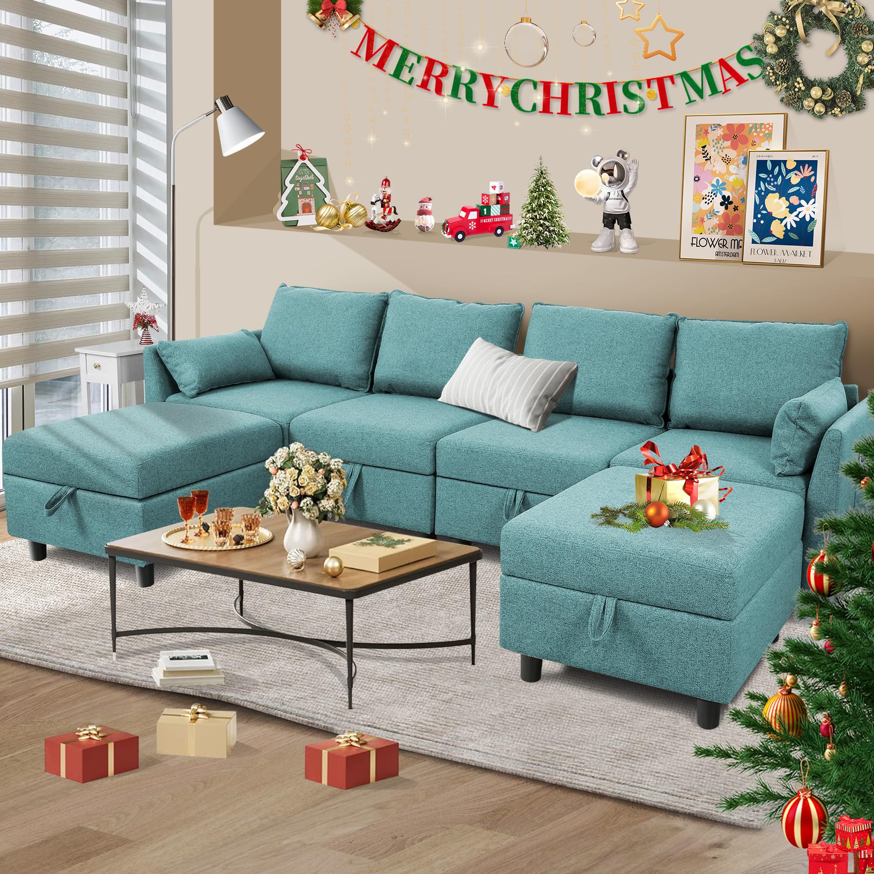 SEJOV Sleeper Sofa, 4-in-1 Convertible Ottoman Couch Bed, Modern Blue Line Futon Couch with 2 Pillows Adjustable Backrest and Armrests, Foldable Loveseat for Apartment Dorm, Office, Light Blue