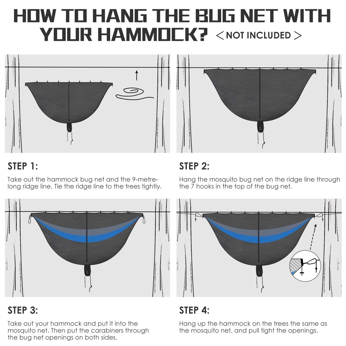 Grassman Hammock Bug Net, 11‘ x 4.5’ Large Superfine Mesh Hammock Mosquito Net, Fits for All Single/Double Hammocks, Lightweight Bug Net for 360° Guardian Away from Insects